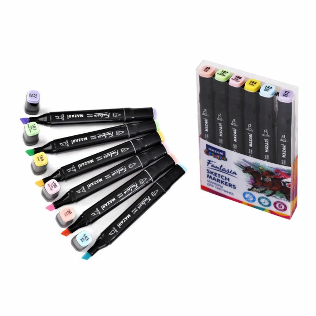 Маркеры Mazari "Fantasia", Pastel Colors 1, для скетчинга, 6 цветов, двусторонние, 3-6,2 мм