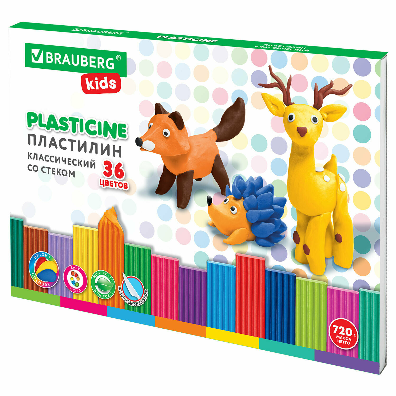 Пластилин классический Brauberg Kids, 36 цветов, 720 г, стек, высшее качество (106438)