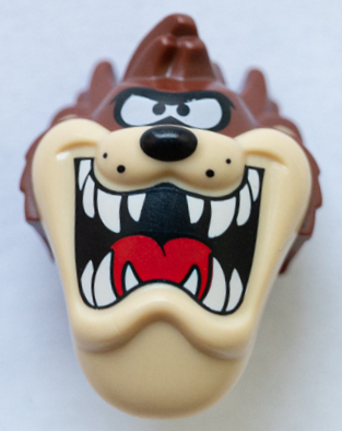Minifigure, Head, Modified Looney Tunes Taz with Red Tongue, Tan Face and White Teeth Pattern, 75038pb01 Reddish Brown U