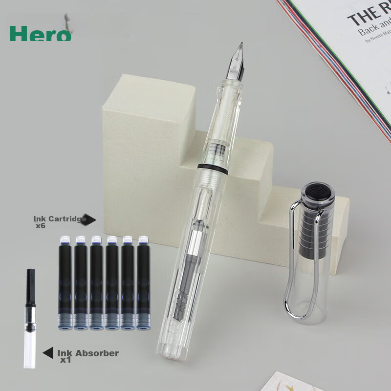 HERO Fountain Pen 359, Ergonomic Design, Transparent Barrel, EF Nib, Thin And Thick Plate Craftsmanship, Student Calligraphy Fountain Pen (With 6 Additional Ink Cartridges, Random Colors), Iridium Gold Fountain Pen, Signature Pen