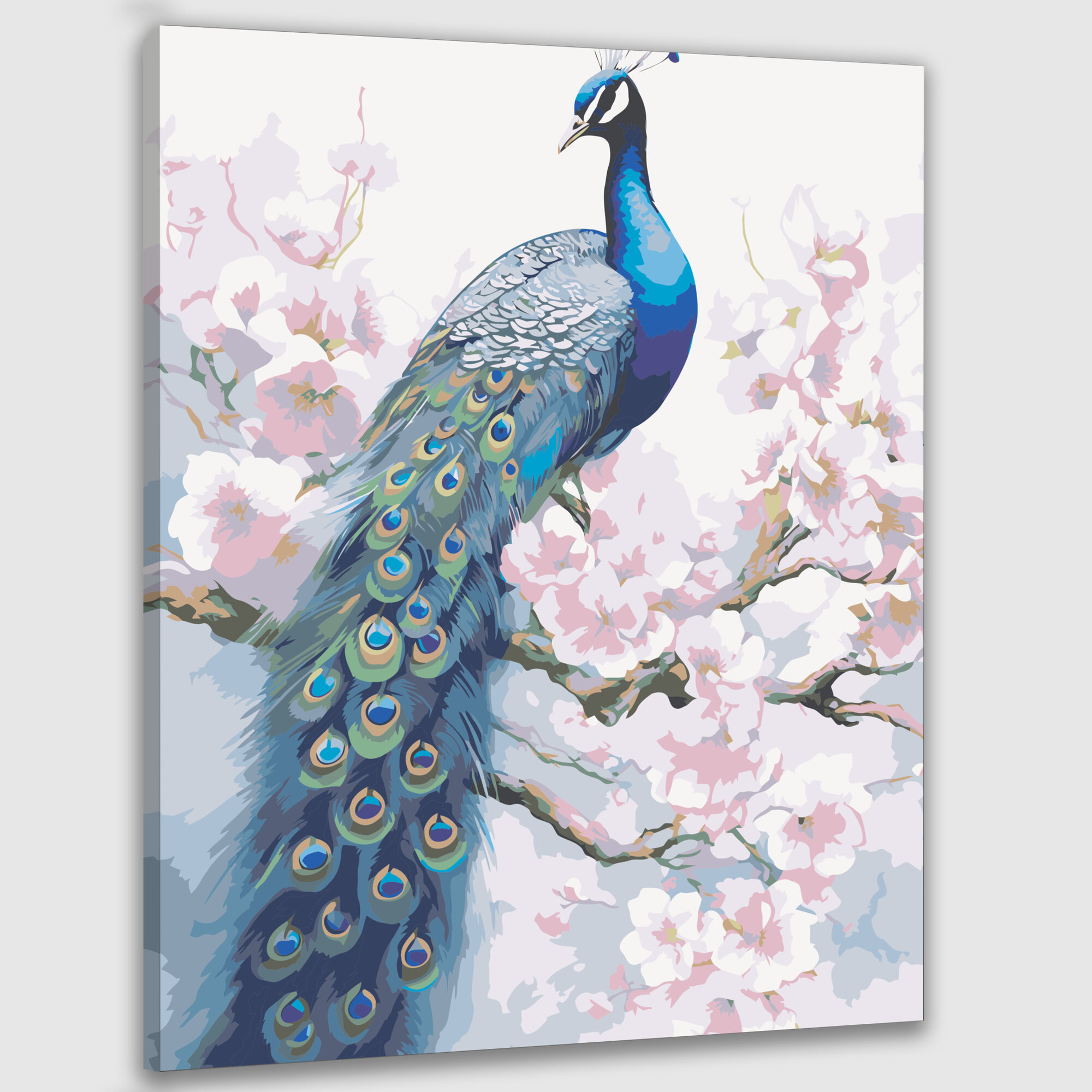 Картина по номерам 40x50 см, павлин, акварельная иллюстрация, радужные перья, синие оттенки, зеленые оттенки