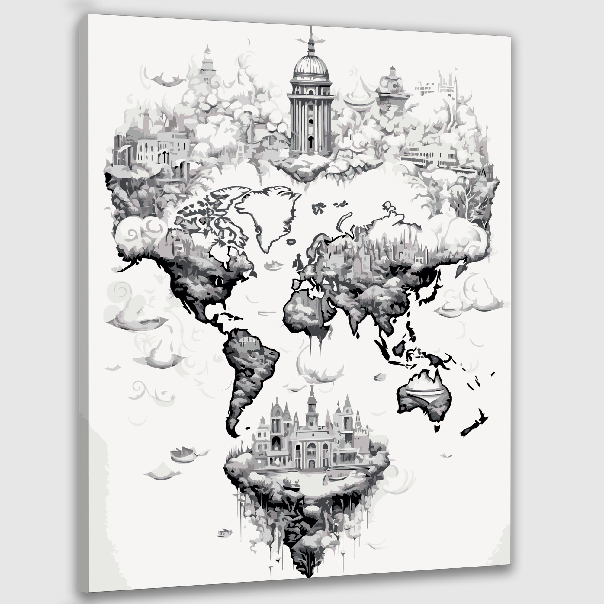 Картина по номерам 40x50 см, карта мира, тушь, линии, детали, континенты, страны, водоемы, путешествия, открытия