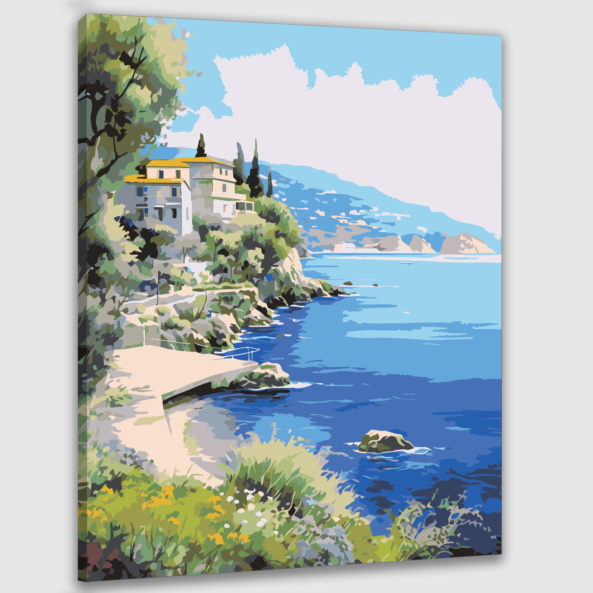 Картина по номерам 40x50 см, море, суша, деревня, холмы, океан, акварель, цвета, гармония, прибрежный, умиротворение