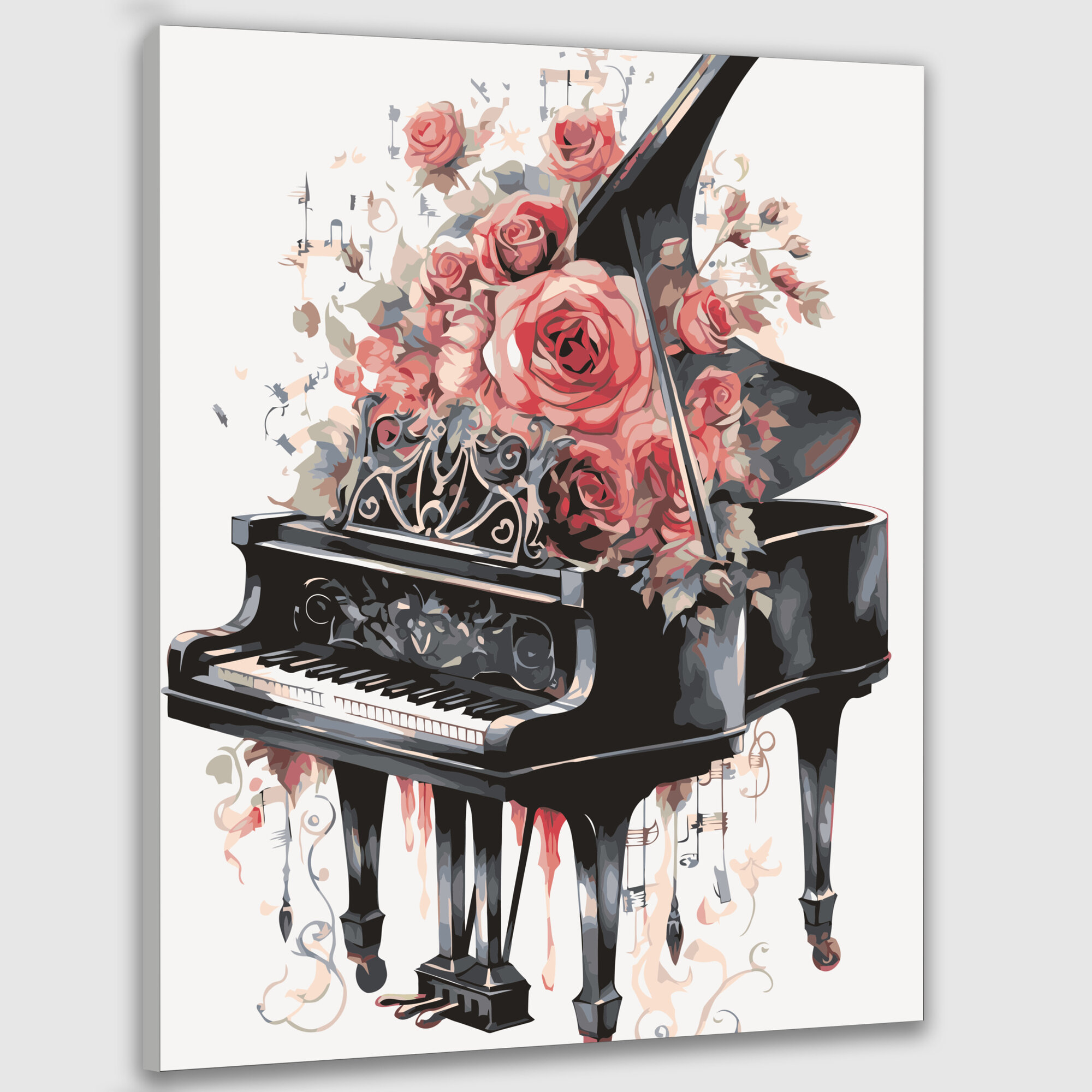 Картина по номерам 40x50 см, акварель, иллюстрация, рояль, каскадные розы, клавиши, лепестки, пианино, черно-белые тона