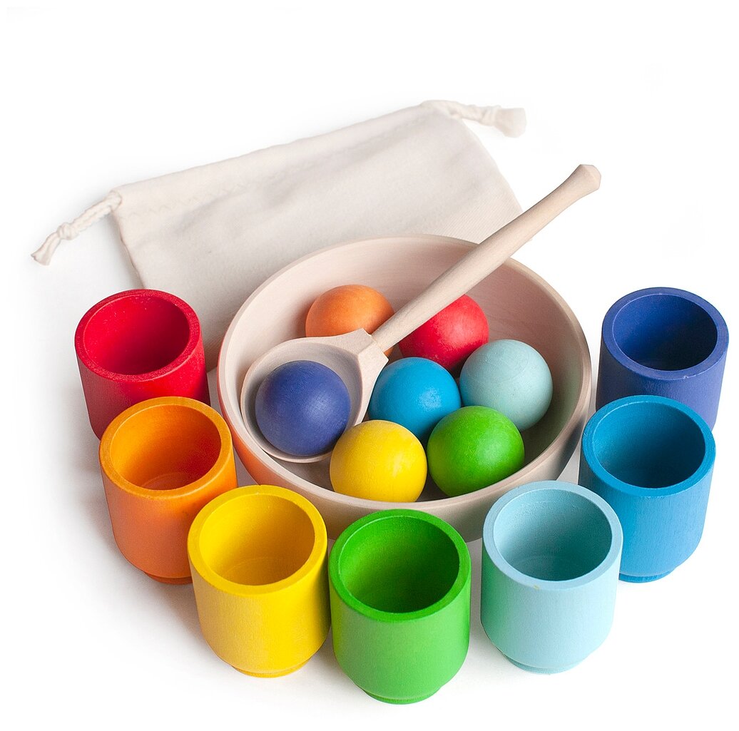 Деревянный развивающий сортер для малышей от года "Радуга: Шарики в стаканчиках" Ulanik