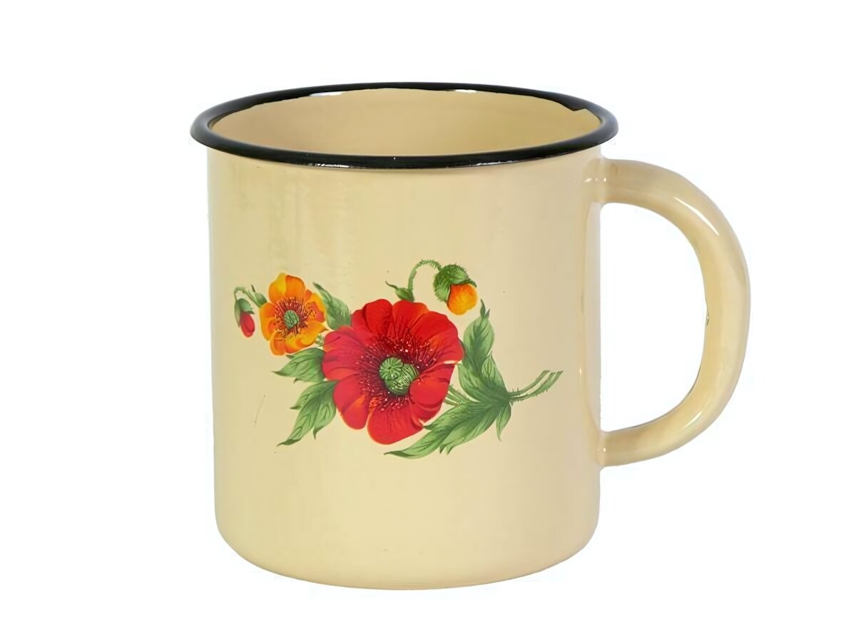 Кружка эмалированная 1л с цветочным рисунком, светло-желтая, прочная и удобная