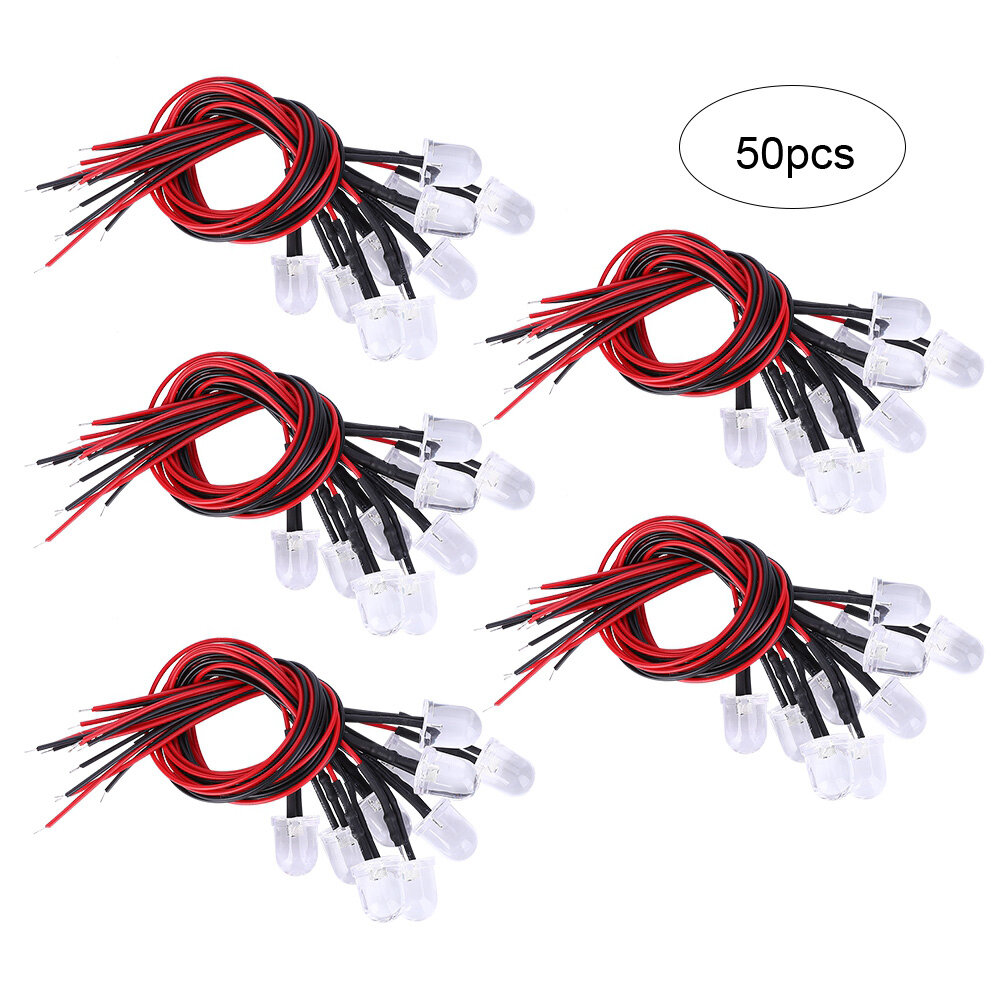 50 шт. светодиодов 12 В с предварительно подключенными проводами, круглые светодиоды 10 мм, разноцветные, медленно мигающие.