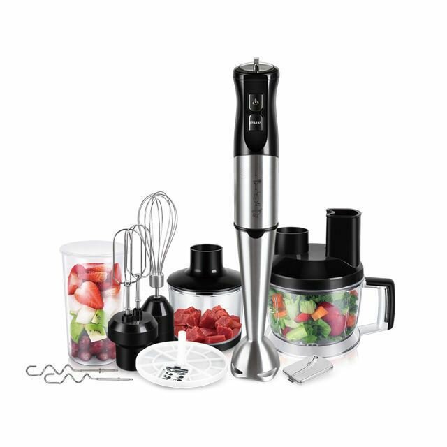 Многофункциональный погружной блендер Pioneer HB255S из нержавеющей стали, 11 насадок, сетка для нарезки кубиками 8х8 мм, 1800 Вт