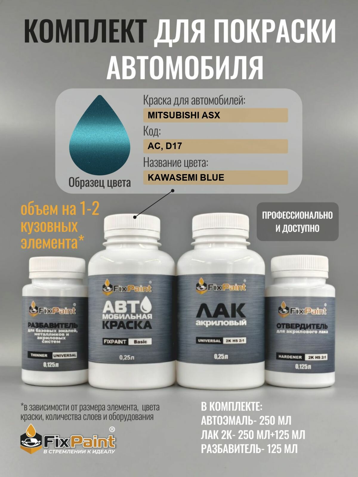 Комплект для покраски MITSUBISHI ASX, код AC, D17, KAWASEMI BLUE, базовая автомобильная краска 250 мл, лак 2K 250 мл с отвердителем, разбавитель 125 мл, FixPaint Pro