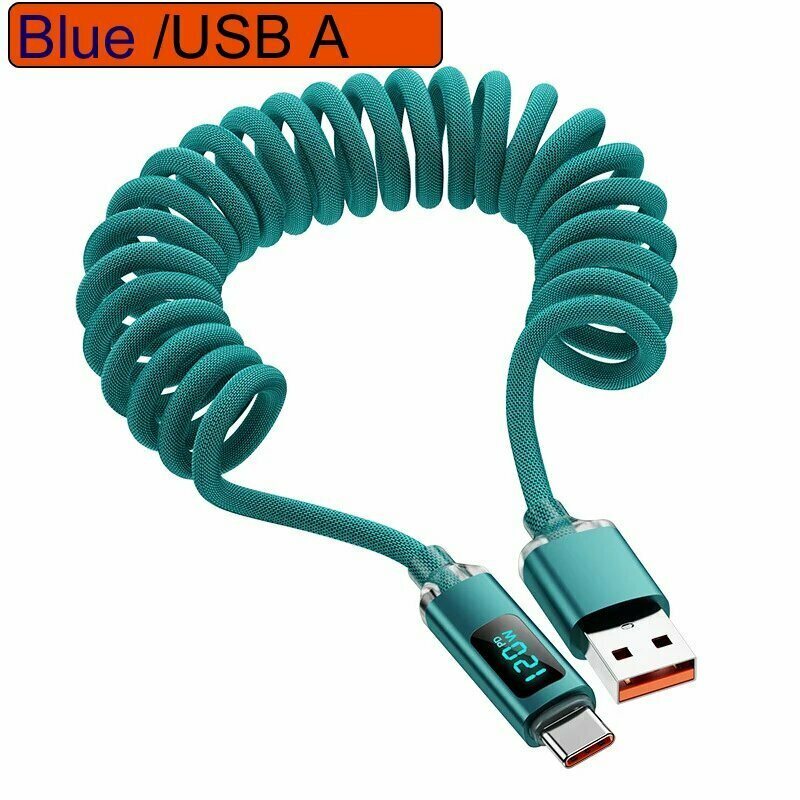 Пружинный кабель USB A/C Type C 120 Вт для iPhone 15, Samsung, Blue-A, 2M