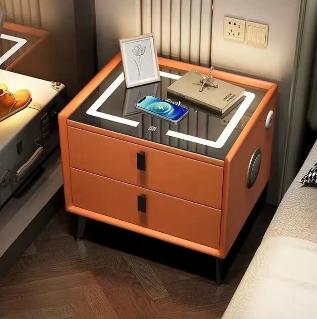 Тумба прикроватная Оранжевый трехцветный светильник Беспроводная зарядка + USB + Bluetooth-колонка