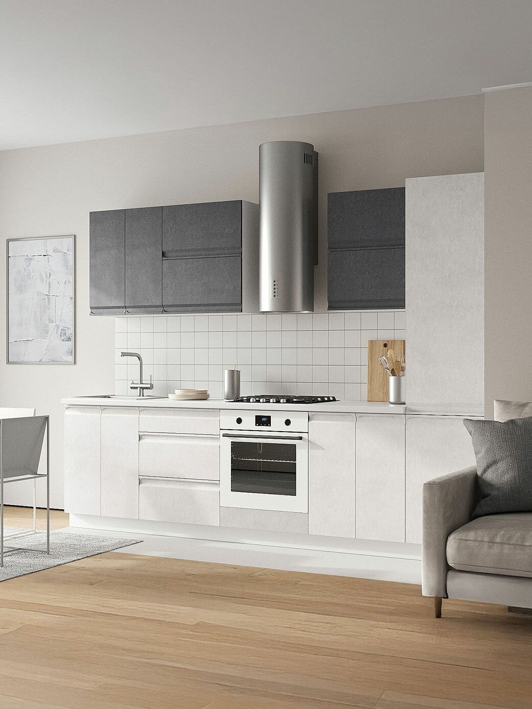 Кухонный гарнитур Велюр 300 см, мебель для дома и кухни, Белый / Бетон графит / Бетон снежный