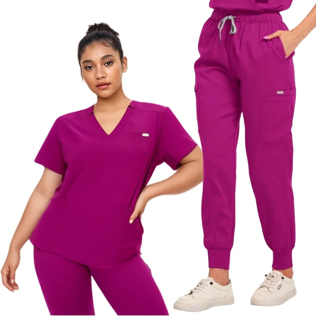 Stretch Oversized Scrub Set Medical Uniform Woman Set Surgical Top Pants Dental Clinic Workwear Nurse Clothes Clinic Accessories, Rose red, M, Женский, Красный