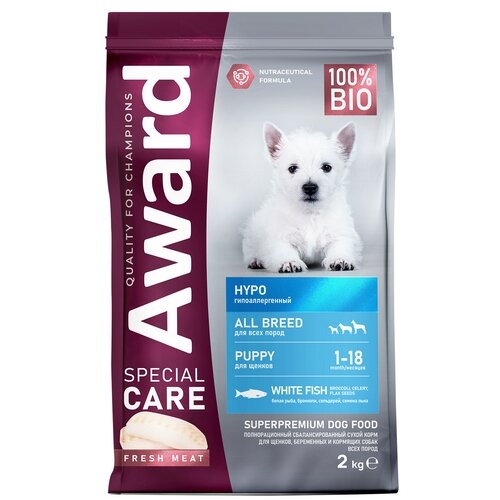 От 1 месяца, беременных и кормящих собак всех пород Гипоаллергенный сухой корм авард для щенков с Белой рыбой 2 кг