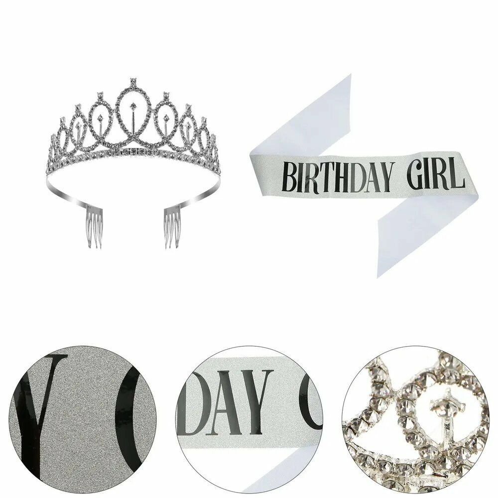 Тиара И Лента Для Дня Рождения, Серебряного Цвета, Из Ткани И Сплава, Для Девочек, 1 Комплект, Аксессуары Для Праздника
