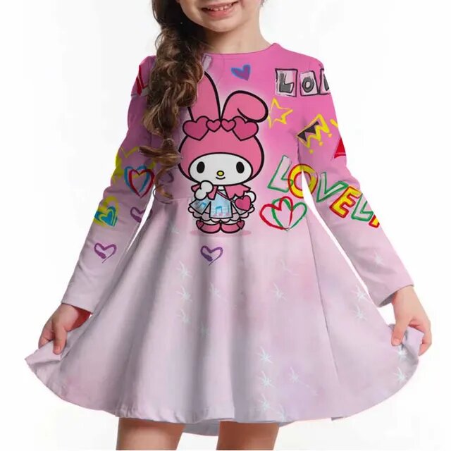 Платье с длинными рукавами и принтом Hello Kitty для девочек, идеально подходит для повседневной носки в праздничные дни, вечеринок или в качестве подарка.