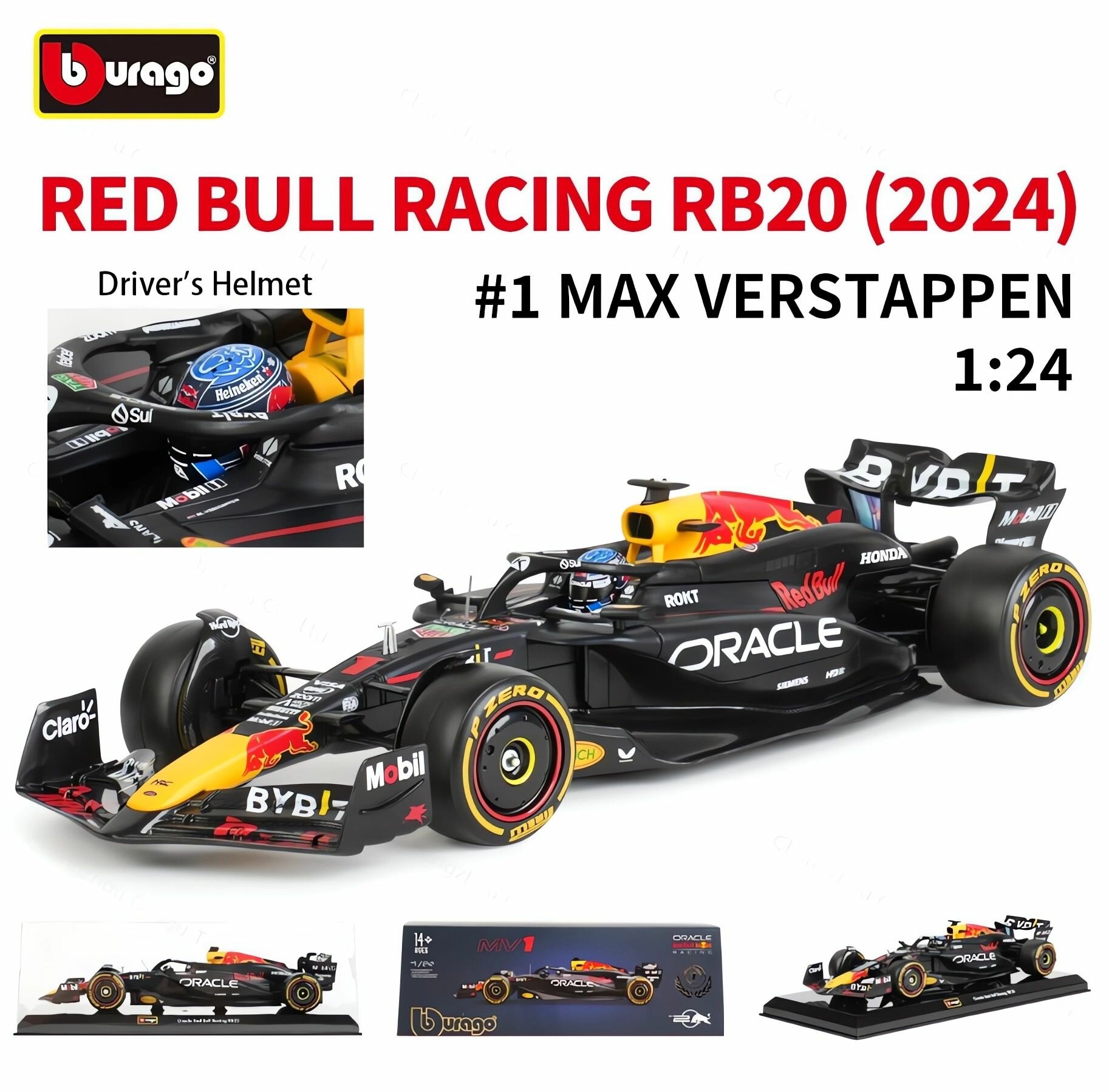 Металлическая коллекционная модель "Bburago" болида "Ред Булл" Макса Ферстаппена. (Max Verstappen "Red Bull" RB20 №1) Формула-1 сезон 2024. Масштаб 1:24
