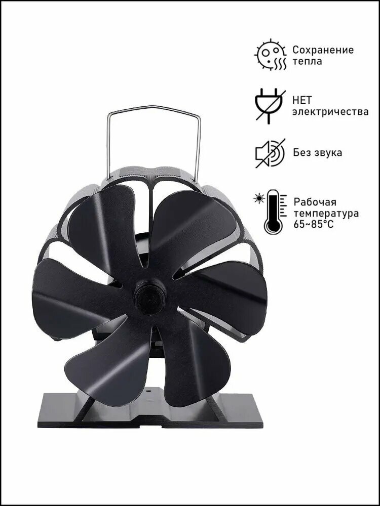 Энергонезависимый термовентилятор, 6 лопастей, премиум для повышения КПД камина