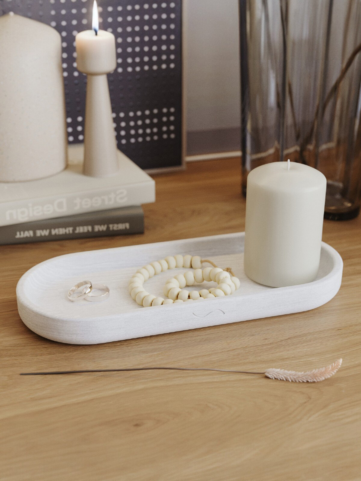 Декоративный деревянный поднос, подставка для украшений, свечей и мелочей Astrid S, 25х9.5 см, бук, белый