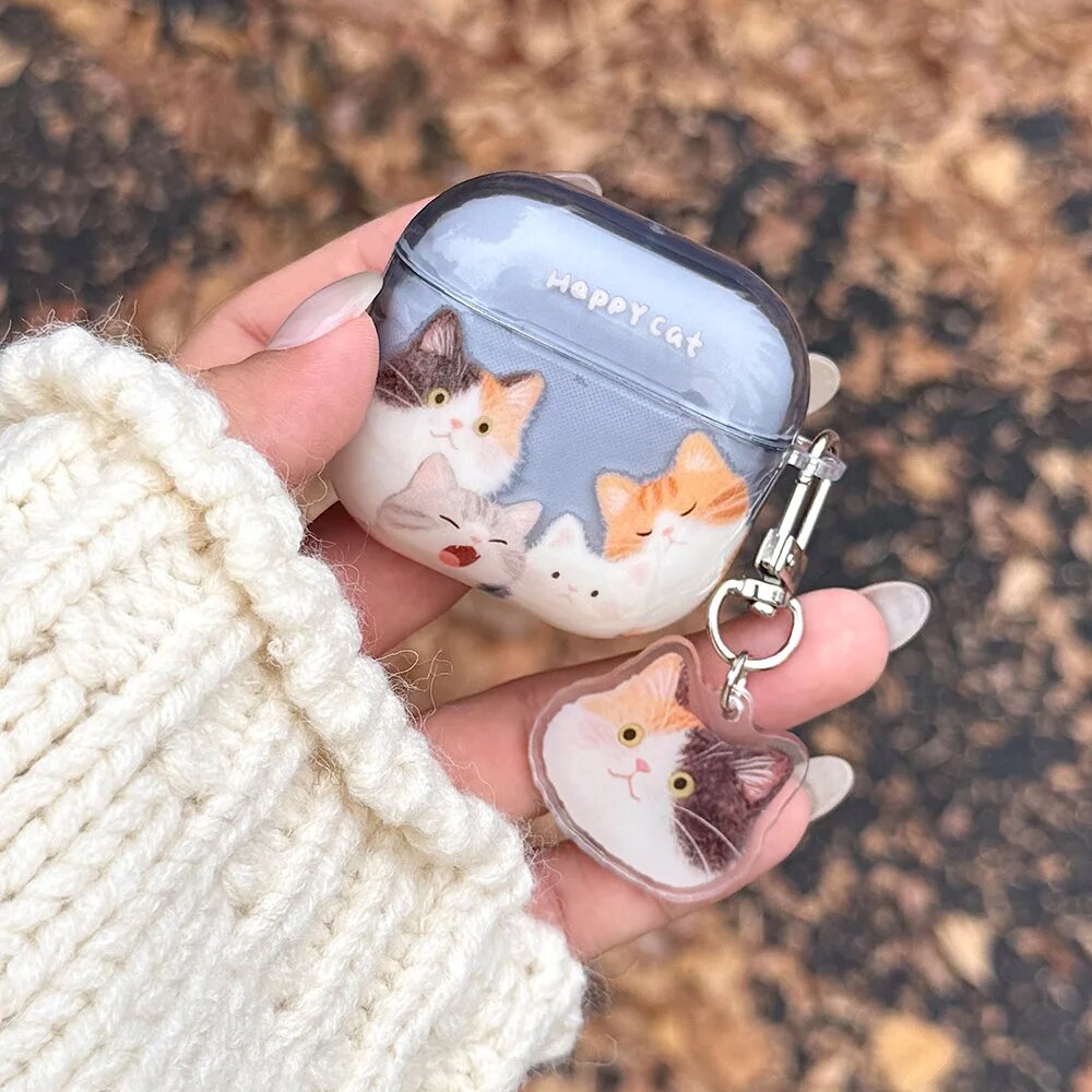 Чехол для AirPods Pro/Pro 2 Happy Cat, синий, прозрачный