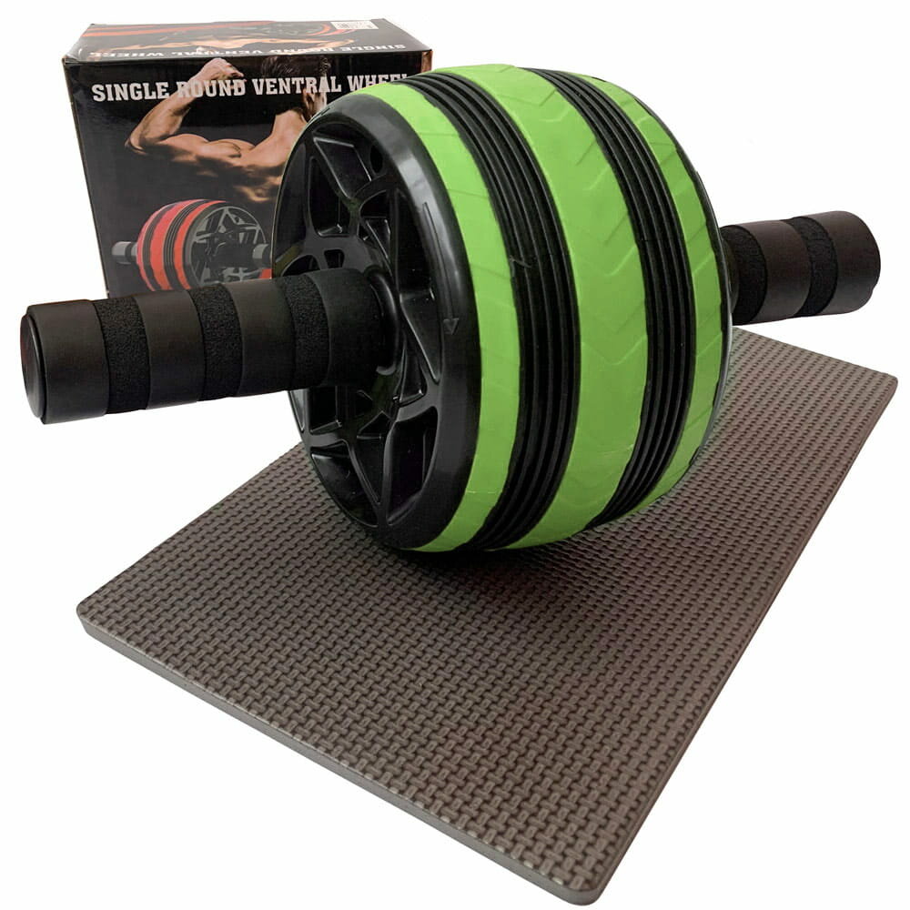 Ролик для пресса спортивный двойной с ковриком под колени и нескользящими ручками, гимнастическое колесо для живота, спины и ног