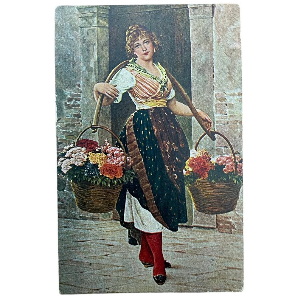 Почтовая открытка "Девушка и корзины с цветами" 1900-1917 гг. Германия