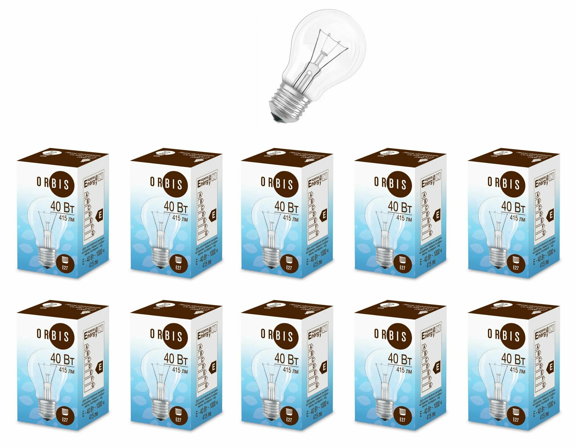 10шт/уп. Лампа Накаливания Груша 40Вт 220-240V E27 415Лм 2700К D-55mm L-105mm Диммируемая Свет Теплый белый ORBIS, уп. 10шт