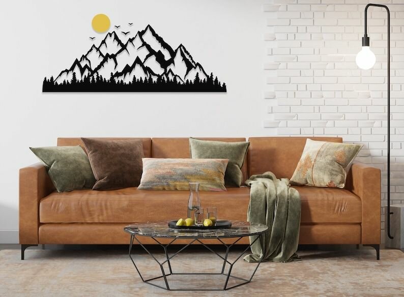 Декоративное панно деревянное, Горы и солнце (черный и золотой цвета)