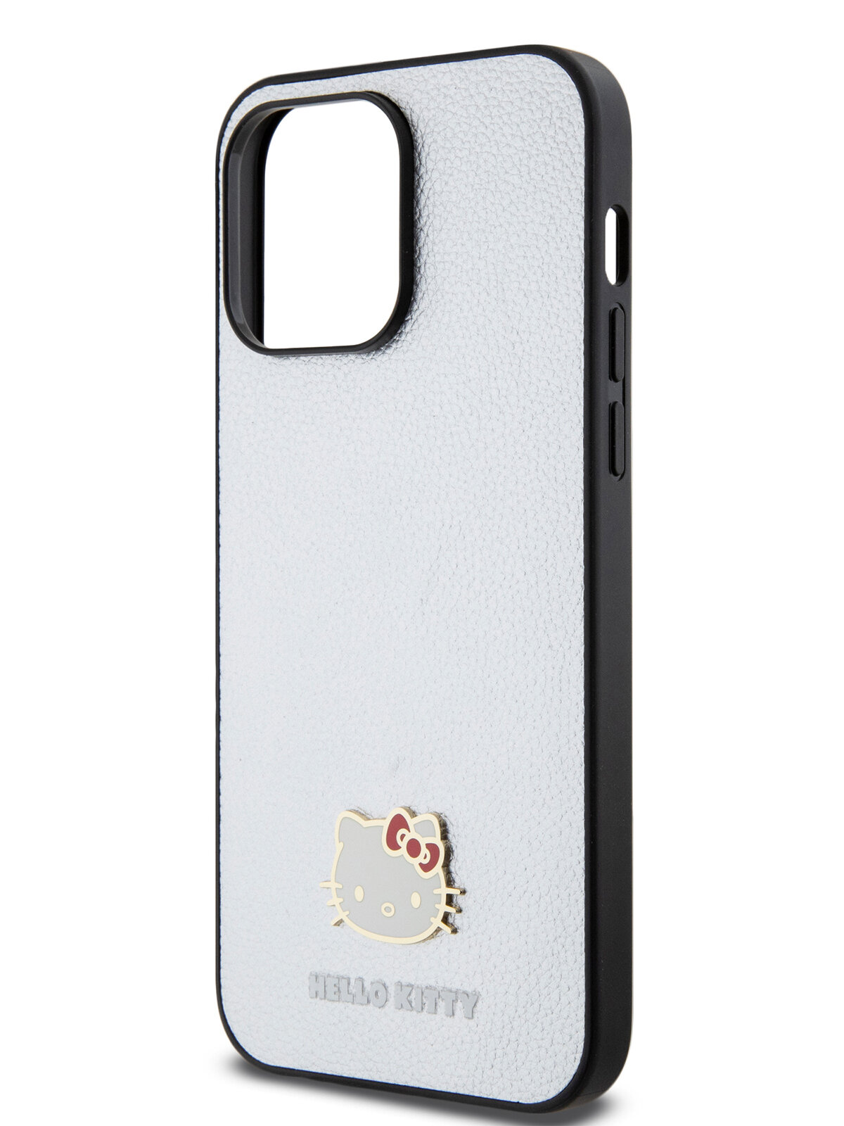 Hello Kitty для iPhone 15 Pro Max чехол PU Grained leather Metal Kitty Head Hard Silver