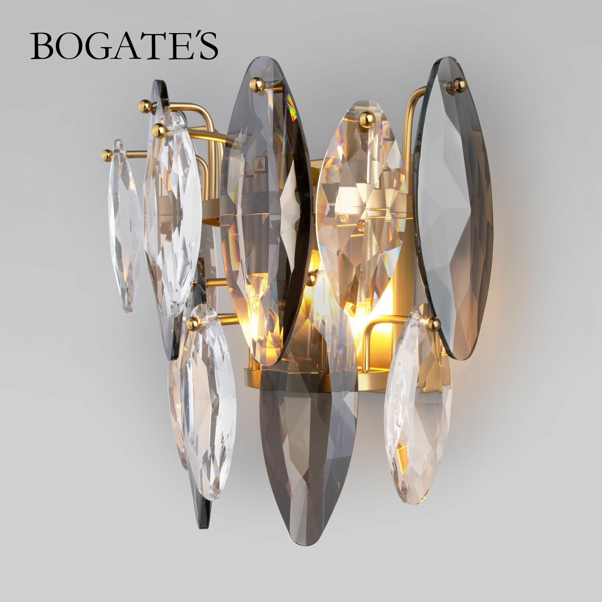Бра / Настенный светильник Bogate's Onyx 372/2, E14, 2*40 Вт, цвет золото/дымчатый/прозрачный хрусталь Strotskis