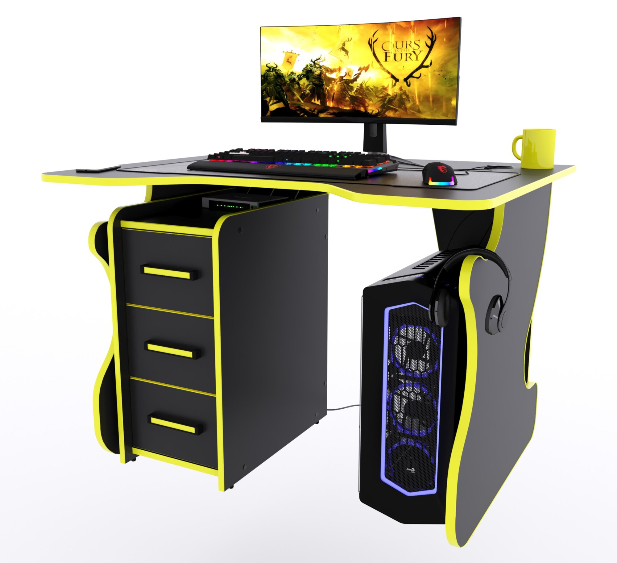 Игровой компьютерный стол "Даги" с тумбой, 100x80x75 см, чёрный с жёлтой кромкой