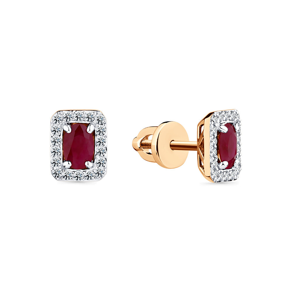 Серьги, красное золото, 585 проба, бриллиант, рубин