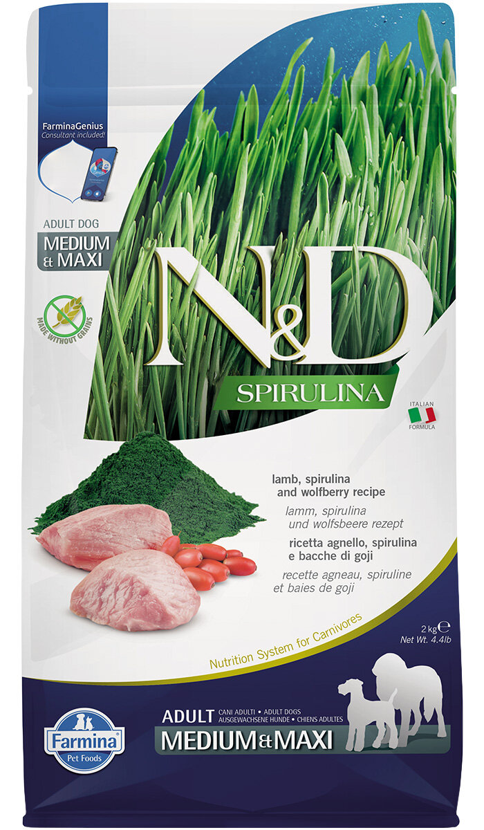 FARMINA DOG N&D GF SPIRULINA ADULT MEDIUM&MAXI LAMB&WOLFBERRY безз соб ягненок, яг годжи, спирулина 2 кг