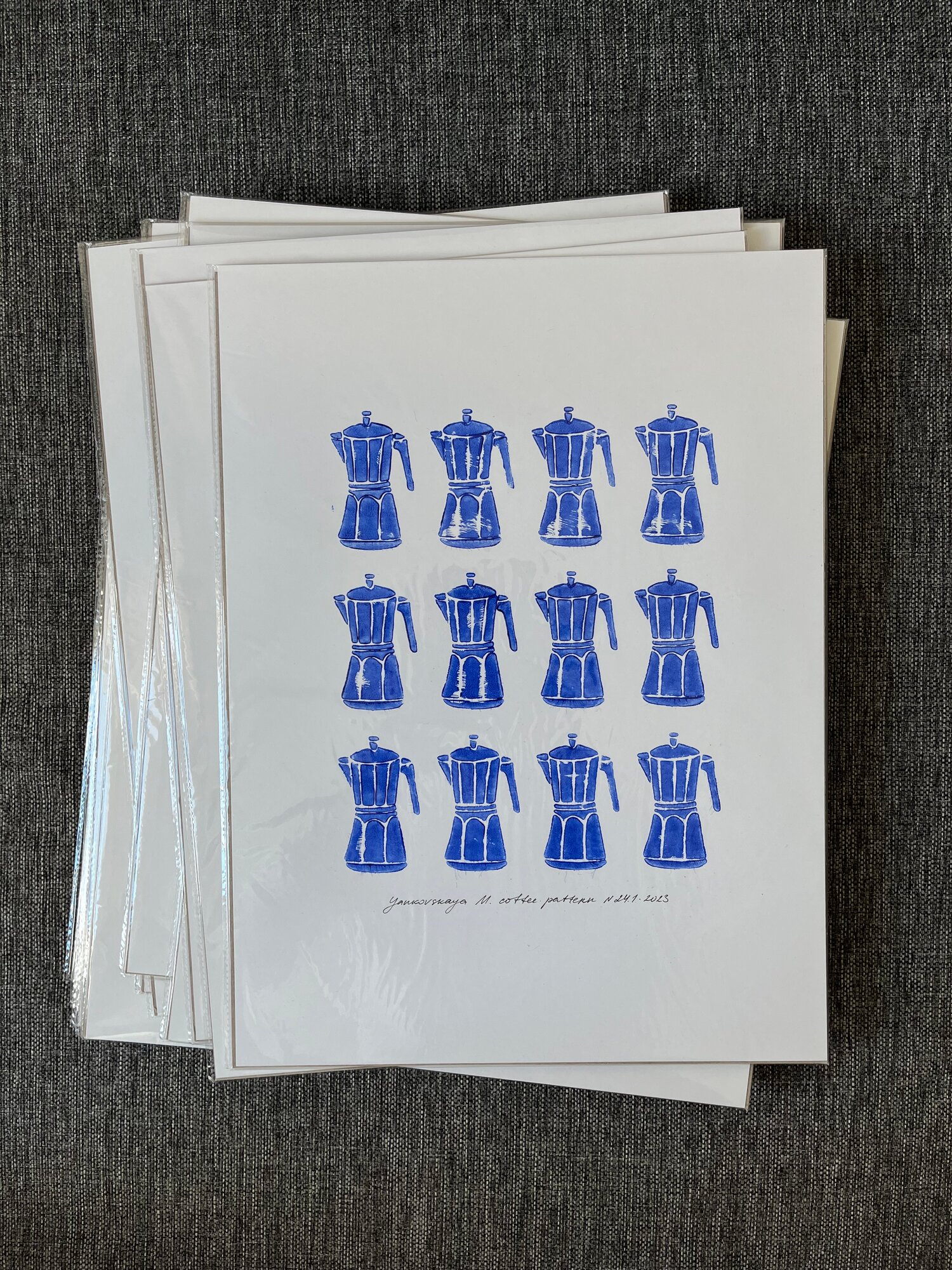 Постер "Кофейники" 30х40 см, ручная работа, в подарочном конверте, синий