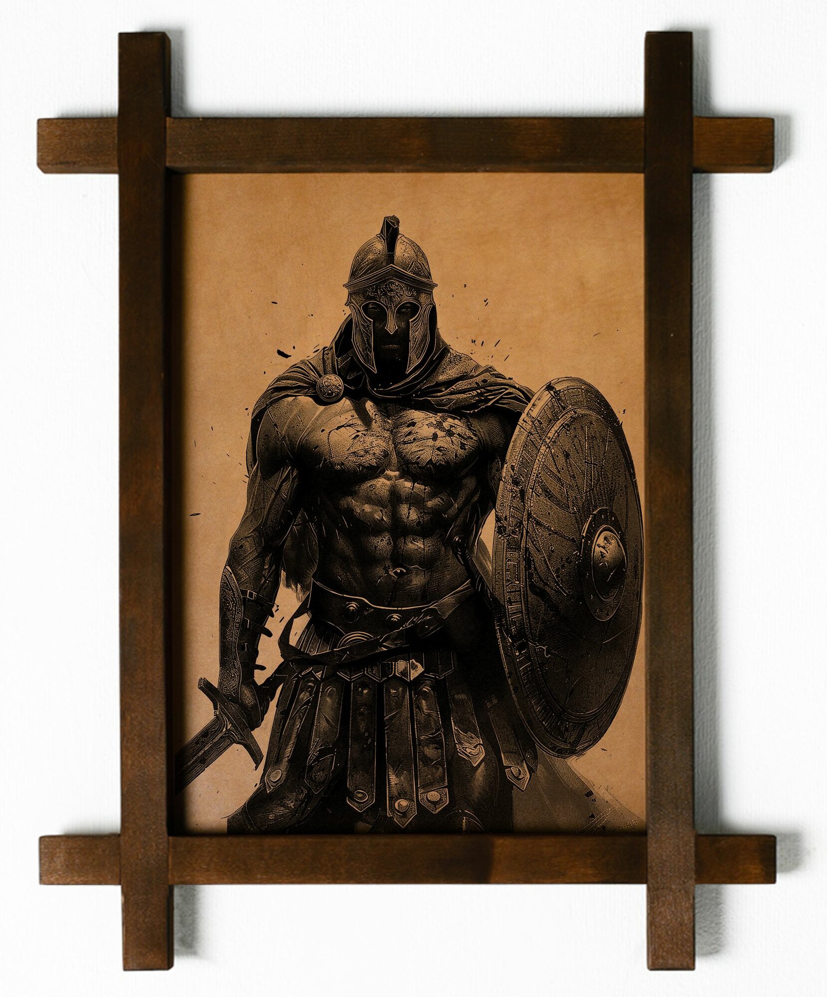 Интерьерная картина из натуральной кожи "Воин Спарты", декоративное настенное панно в деревянной раме, BoomGift