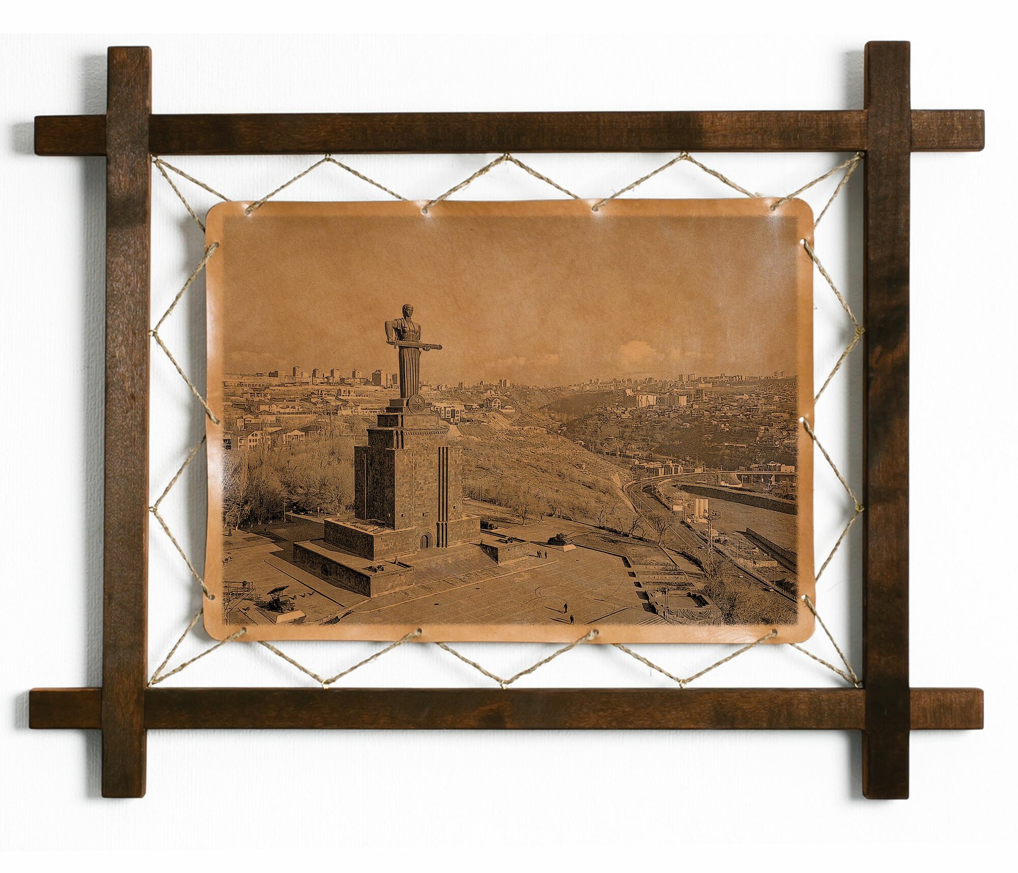 Картина интерьерная, натуральная кожа, "Монумент Мать Армения", в деревянной раме, BoomGift