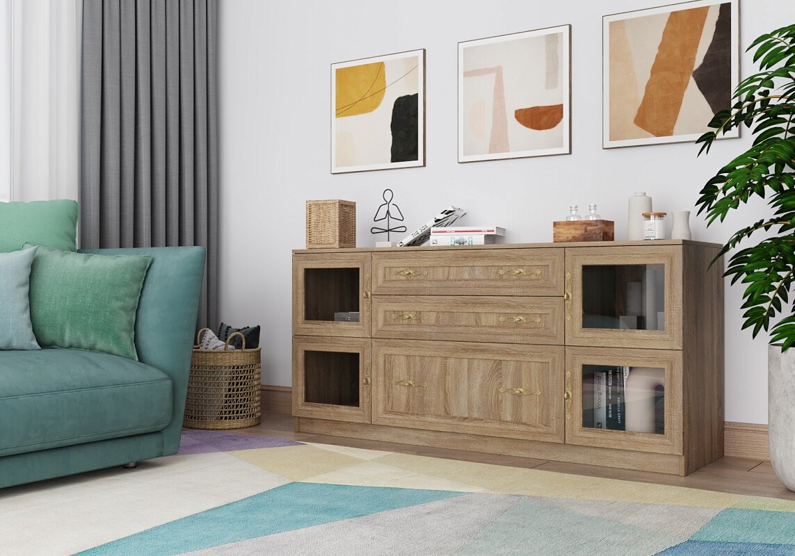 Комод МебельЛэнд24 Карлос - 049 Дуб Сонома 160x45x75 дуб светлый с 3 ящиками