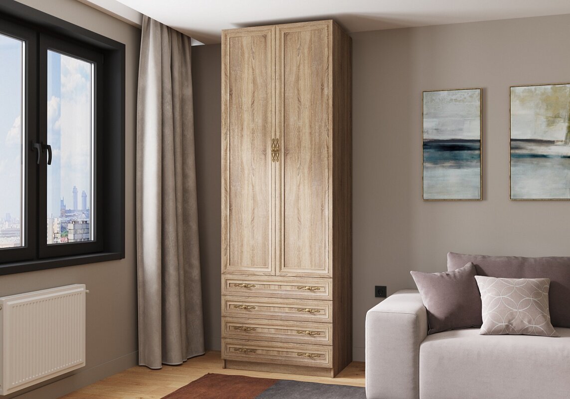 Шкаф распашной МебельЛэнд24 Карлос - 028 Дуб Сонома 80x54x236 дуб светлый двухдверный с 4 ящиками