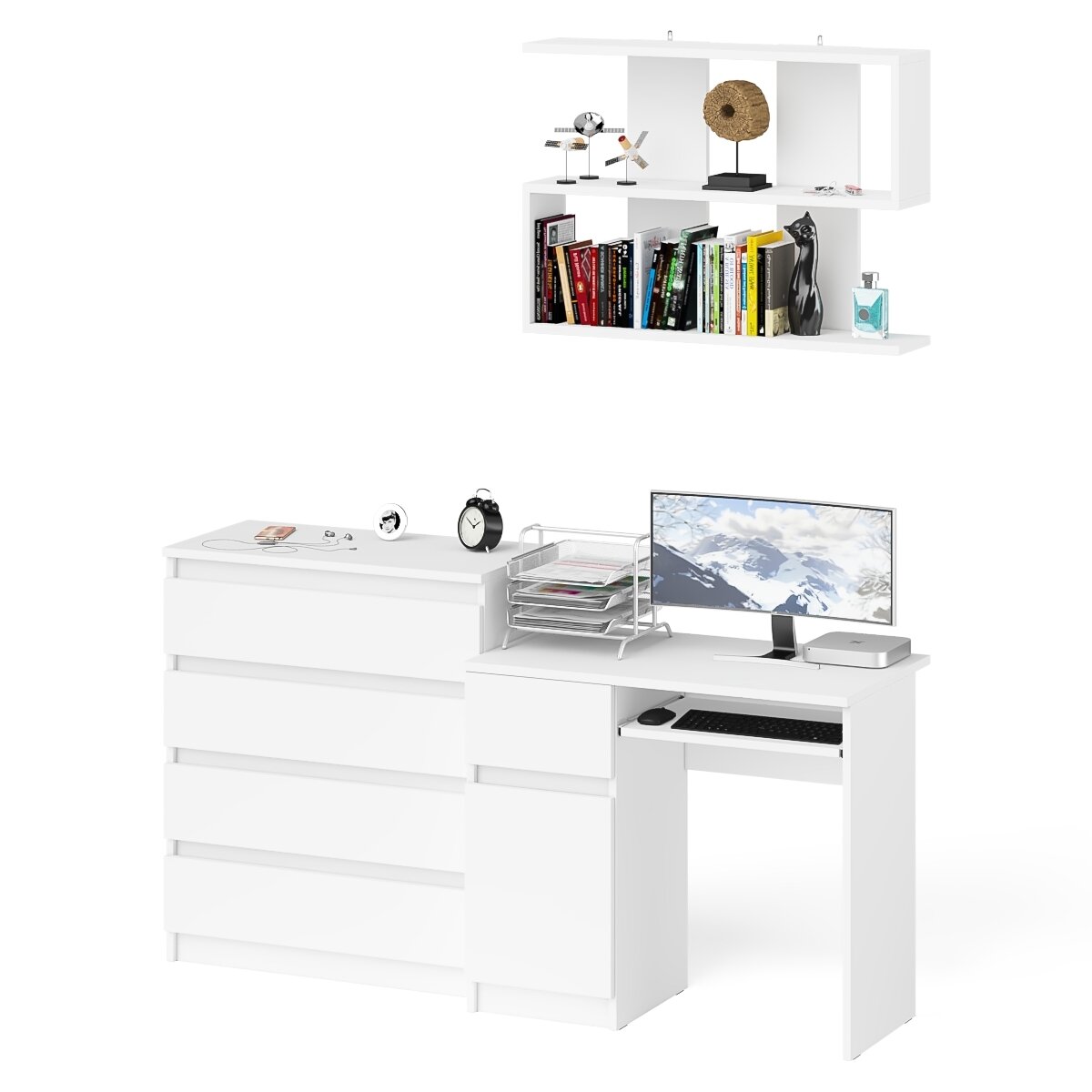 Комод четыре ящика СВК Мори 800-4 со столом с тумбой слева и полкой белый