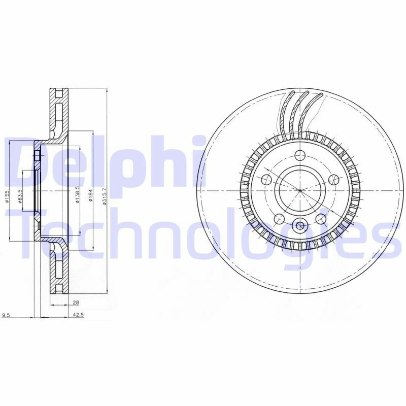 Диск тормозной вентилируемый для автомобиля Ford Volvo, DELPHI BG4123 (2 шт.)