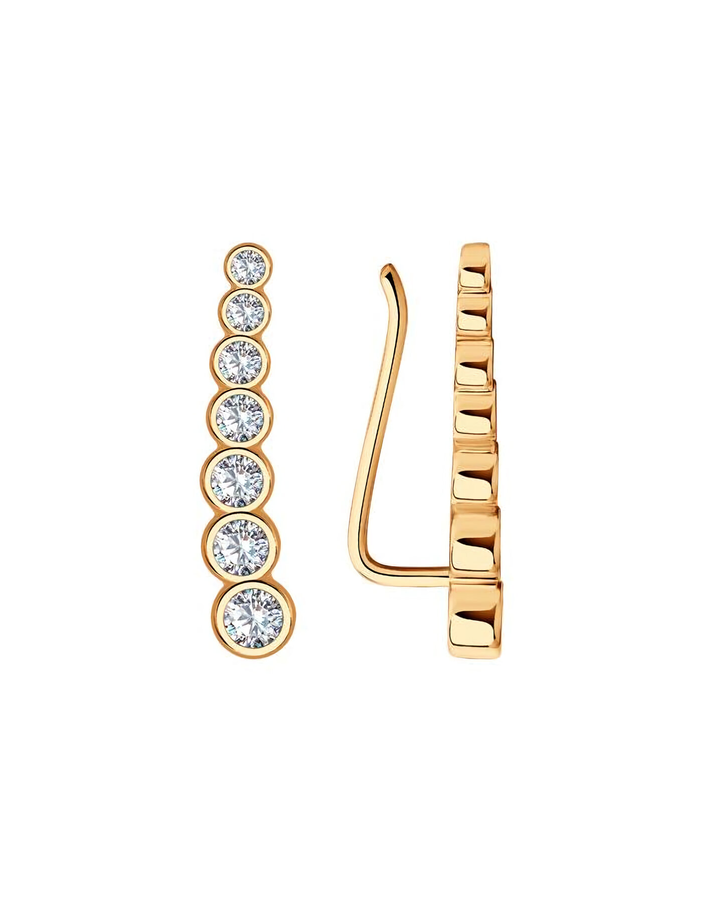 Серьги каффы, серебро, 925 проба, золочение, фианит