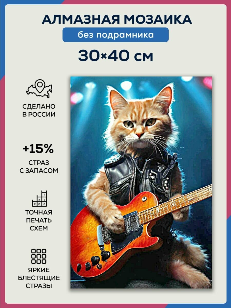 Алмазная мозаика 30x40 Кот - гитарист без подрамника