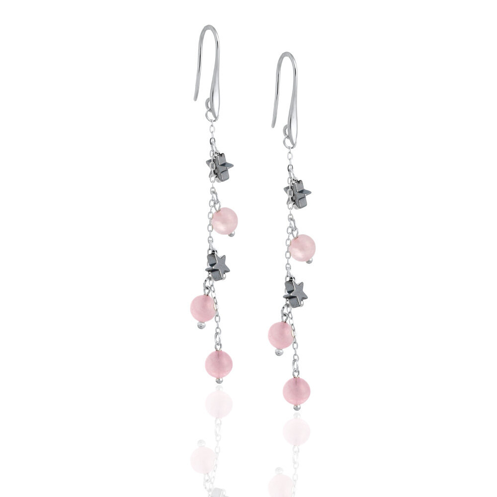 Серьги с подвесками, гематит, розовый кварц