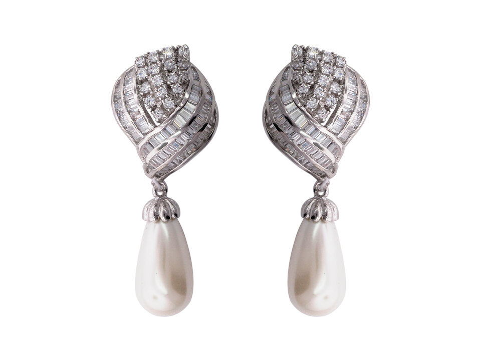 Серьги с подвесками, сталь, жемчуг имитация, фианит