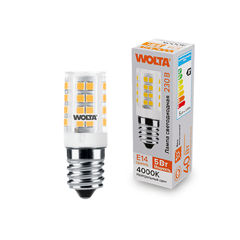 WOLTA лампа светодиодная JCD E14 220V капсульная 5W(460lm) 4000K 4K керамика WSTD-JCD-5W4KE14-C