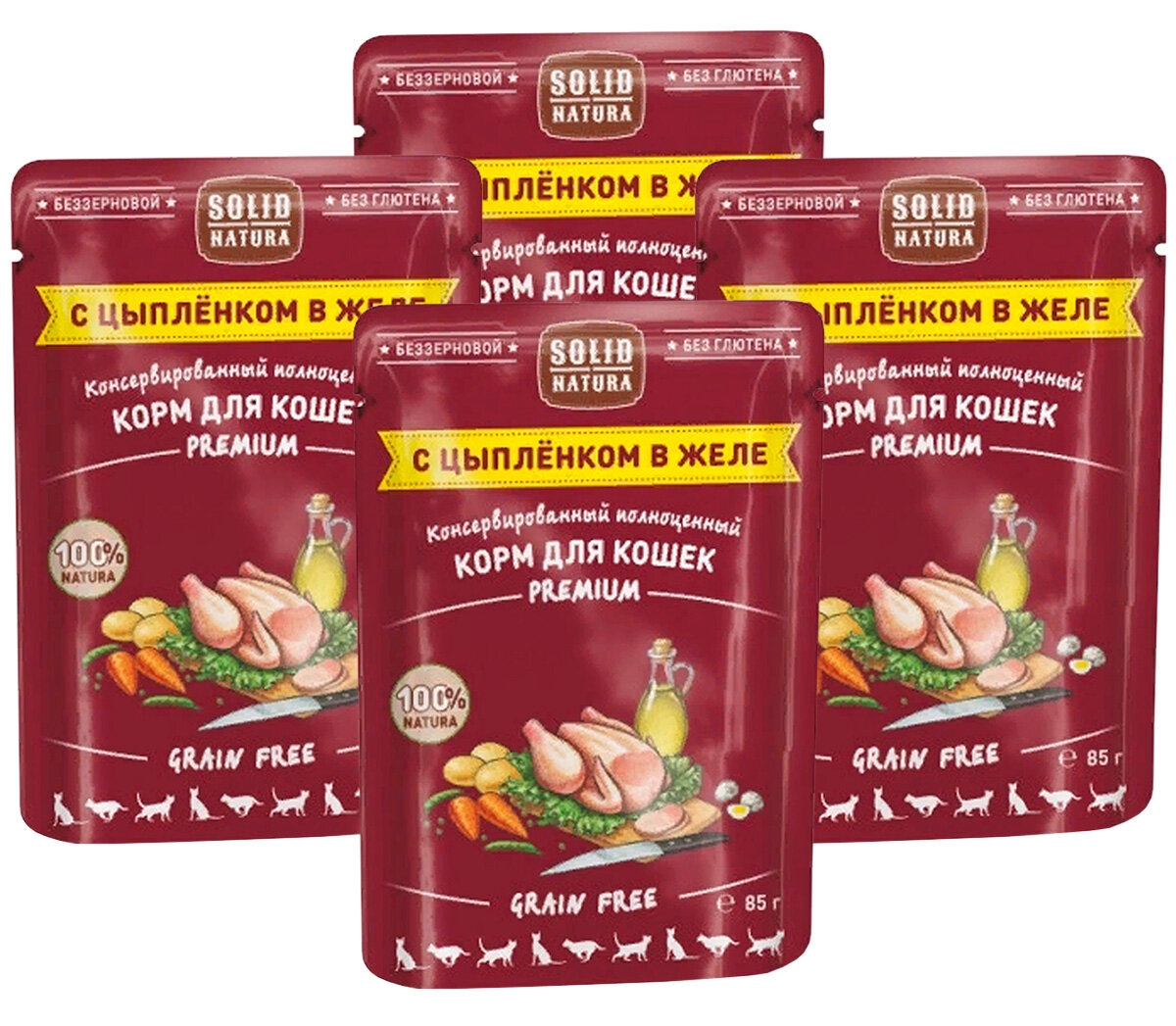 Корм влажный Solid Natura Premium Grain Free беззерновой для кошек, цыпленок в желе, 85 г х 4 шт