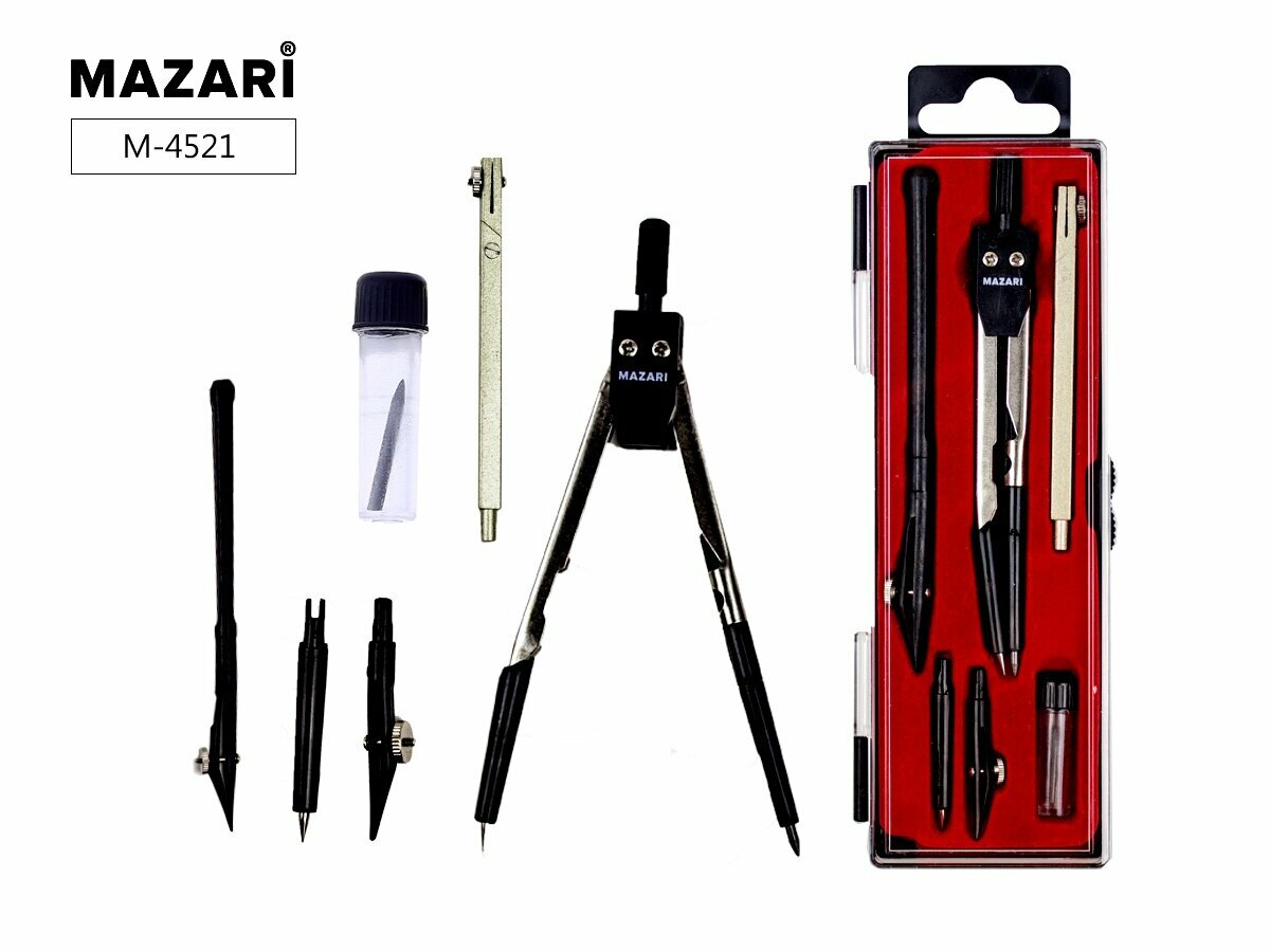 Готовальня Mazari циркуль, игла, грифель, насадка, рейсфедер, удлинитель, 6 предметов (M-4521)