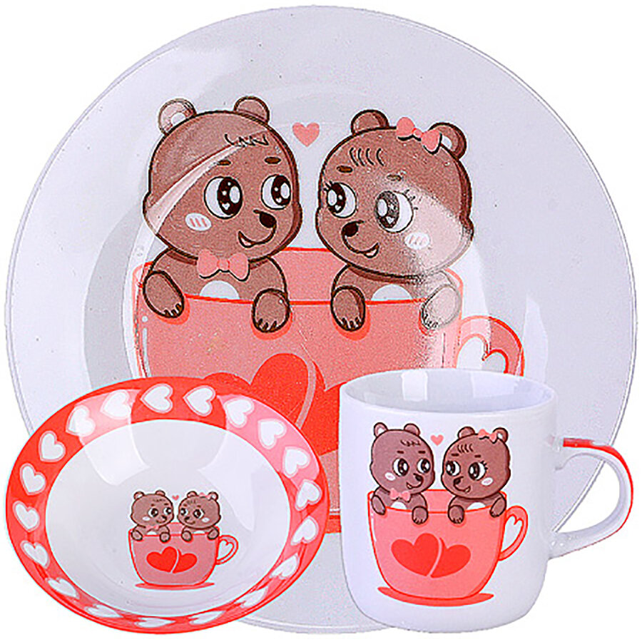 Набор детской посуды Loraine "Мишки", 3 предмета, фарфор, для СВЧ и посудомойки, белый/коричневый
