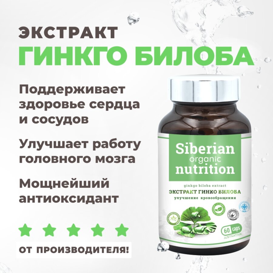 Экстракт Гинкго Билобы Siberian Organic Nutrition, для сосудов и сердца, 60 капсул