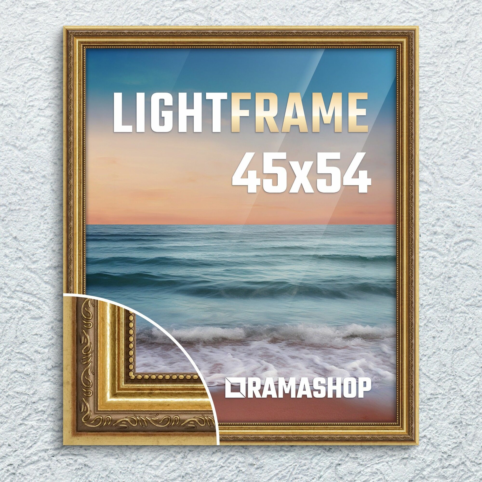 Рамка для фото 45х54 см, серия "Light Frame", фоторамка багетная. Золото, Классический профиль 32х24 мм, Пластик